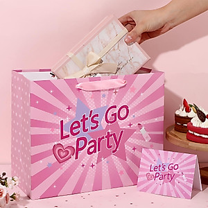 Hot Pink Gift Bag Lets Go Party Supplies Pink Wrapping Bag with Greeting Card and Tissue Paper Bachelorette Party Decorations for Girls Princess Bridal Shower Christmas Birthday Party Supplies