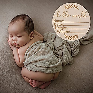AIEX Wooden Baby Announcement Sign, 5.9 Inch Round New Baby Sign Birth Announcement Sign, Baby Name Sign Hello World Newborn Welcome Sign for Hospital Photo Prop Baby Shower Nursery Gift