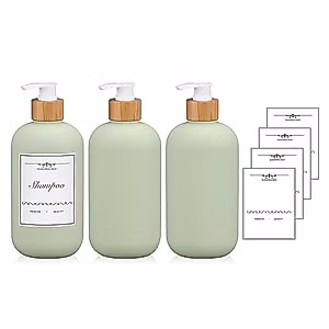 UMETASS 16.9 oz Plastic Bamboo Pump Dispenser Bottles, Shampoo and Conditioner Bottles, Refillable Container for Bathroom Shower Body Wash Lotion (16.9 oz, Green)