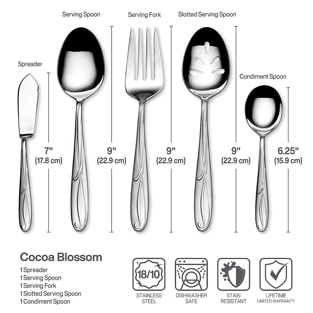 Mikasa 5061639 Cocoa Blossom 65-Piece 18/10 Stainless Steel Flatware Set with Hostess Serving Utensil Set, Service for 12,Silver