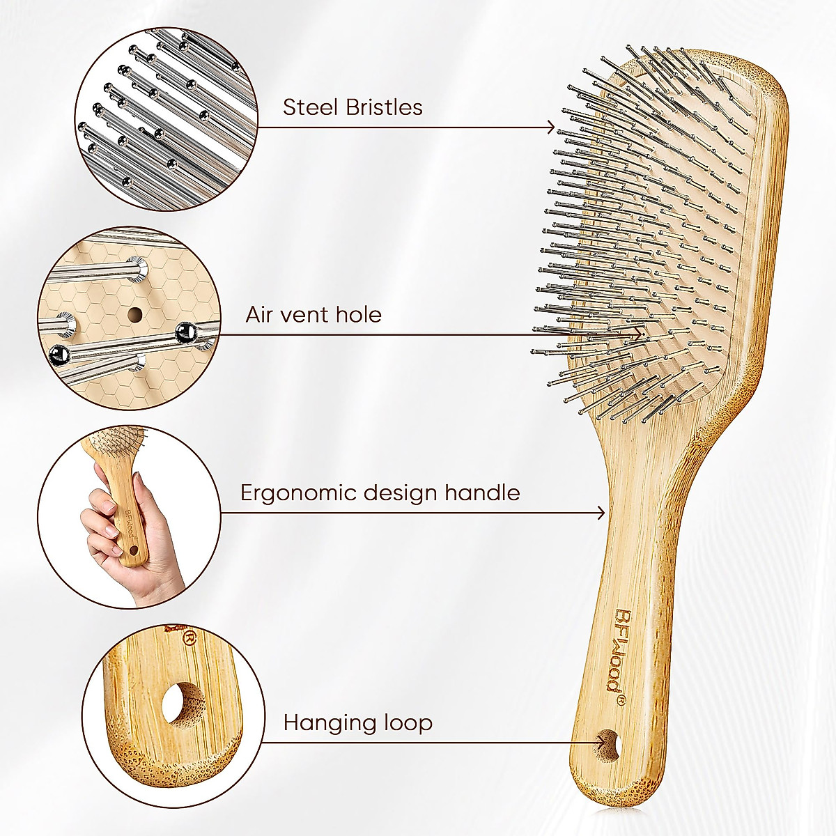 BFWood Bamboo Hair Brush with Steel Bristles, Help Hair Growth and Massaging Scalp