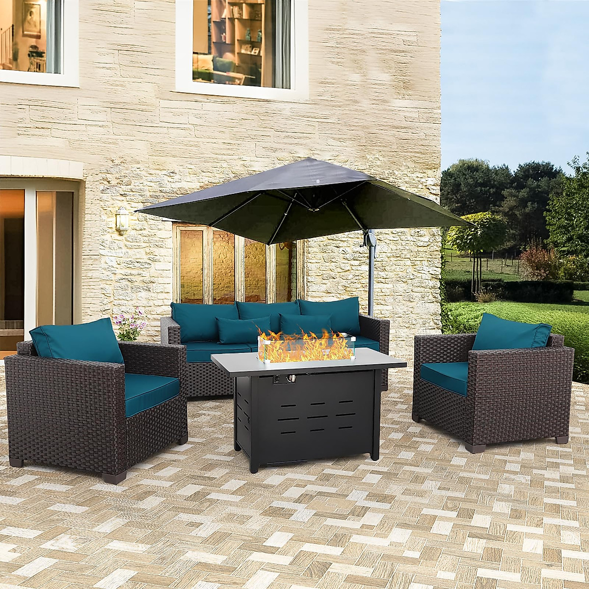 4 Piece Patio Furniture Set 45In Fire Pit Table Outdoor Furniture Sets Patio Couch Outdoor Chairs 50000 BTU Propane Fire Pit with No-Slip Cushions and Waterproof Covers, Peacock Blue