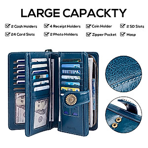 INSIFEEL Women's Wallets Large Capacity with RFID Protection Genuine Leather Wristlet Purse (Navy Blue)