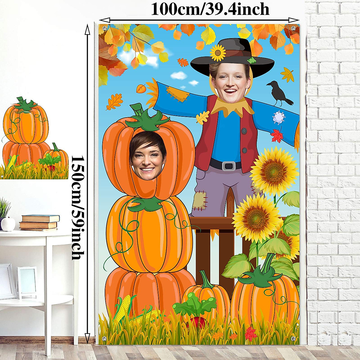 Blulu Thanksgiving Photography Backdrop Pumpkin Photo Background Fall Harvest Decoration Large Scarecrow Background Autumn Party Supplies with 6 m Rope, 59 x 39.4 Inch