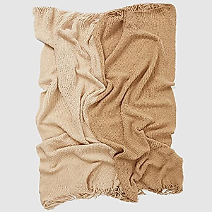 ZonLi Textured Throw Blanket, 45” x 65”, Bulky Knit with Fringe Tassel, Splicing Dual-Color, Oat and Light Brown, for Sofa Chair Couch Bed Living Bed Room