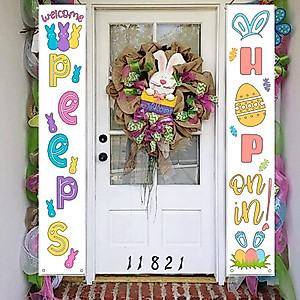 Easter Door Banner Porch Decor - Welcome Peeps Porch Sign - Bunny Hanging Banners Porch Decorations for Front Door Outside Yard Garden Party Supplies