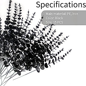 ASTRYAS 15Pcs Black Artificial Eucalyptus Leaves Eucalyptus Stems Decor Halloween Decor Faux Greenery Branches for Wedding Centerpiece Farmhouse Home Decoration(Black)