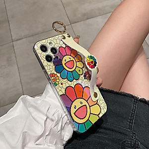 Lastma for iPhone 13 Pro Max Case Cute with Wrist Strap Kickstand Glitter Bling Cartoon IMD Soft TPU Shockproof Protective Cases Cover for Girls and Women - Sunflower