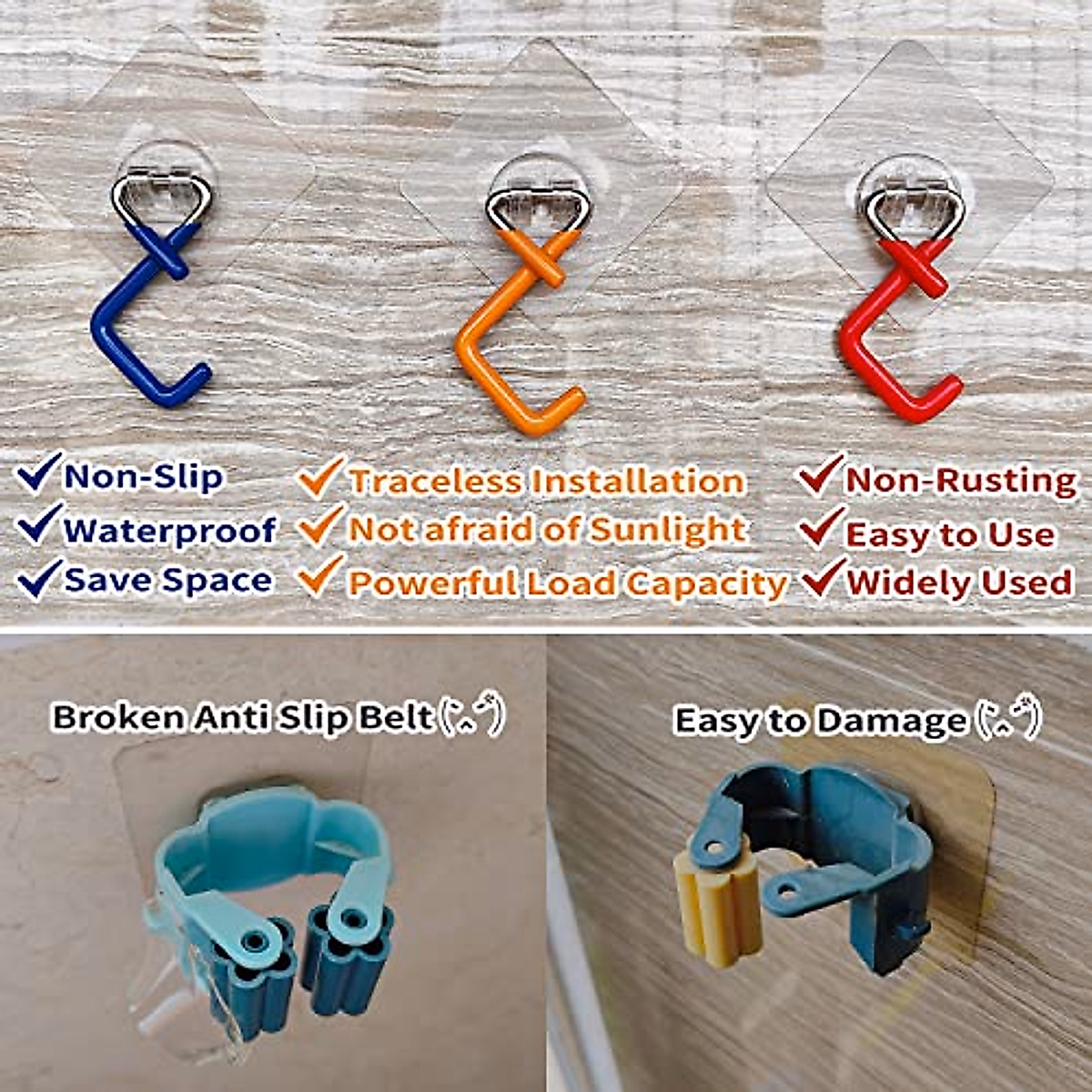 Broom Holder Wall Mount Self Adhesive 4 Pack, Mop Hanger No Drilling Super Anti-Slip, Wall Mount Tool Racks Stainless Steel Mop and Broom Hooks Organizer(Blue)