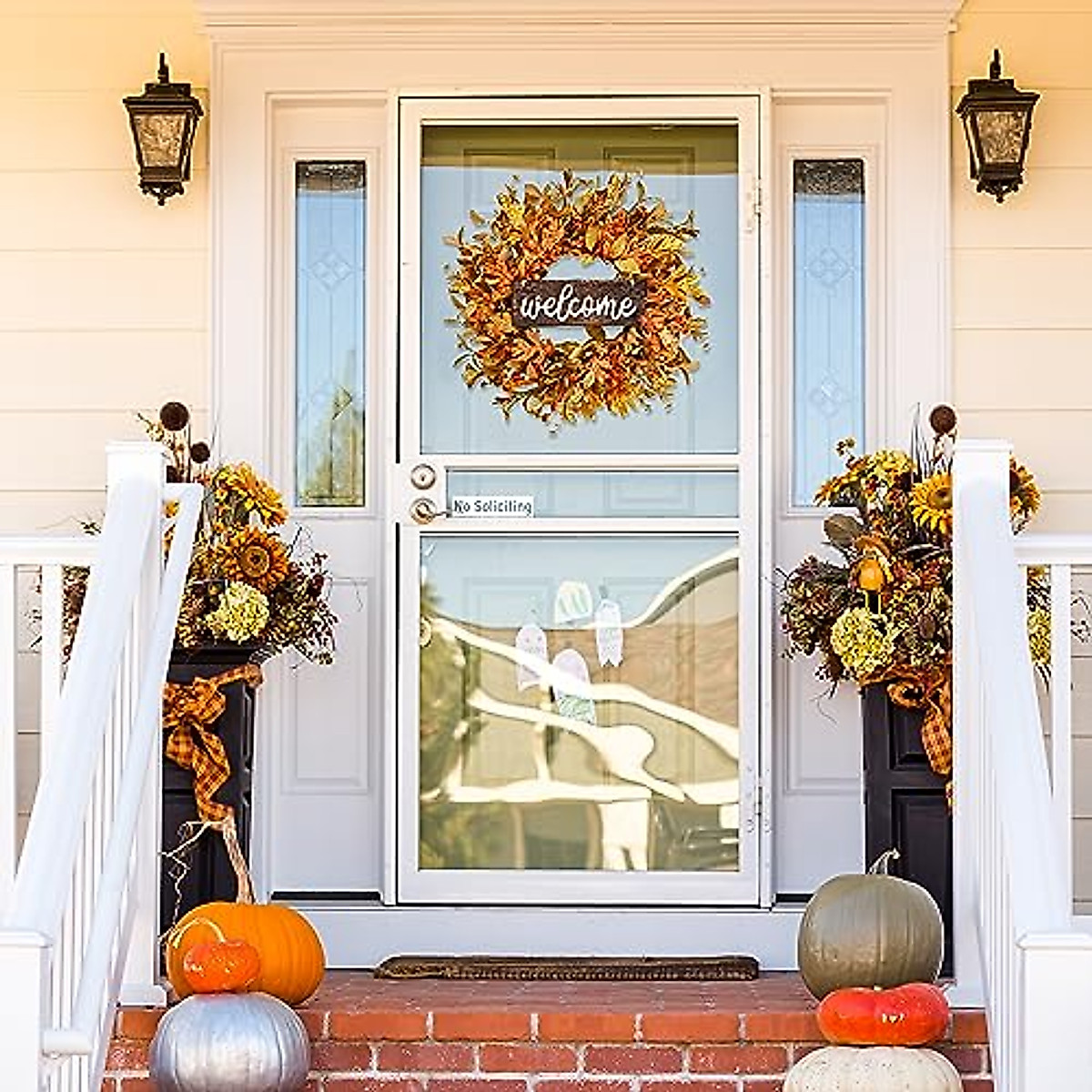 Sggvecsy Artificial Fall Wreath 18’’ Autumn Front Door Wreath Harvest Wreath with Fall Leaves Small Pumpkins Cluster of Berries for Outside Indoor Wall Window Festival Thanksgiving Fall Autumn Decor