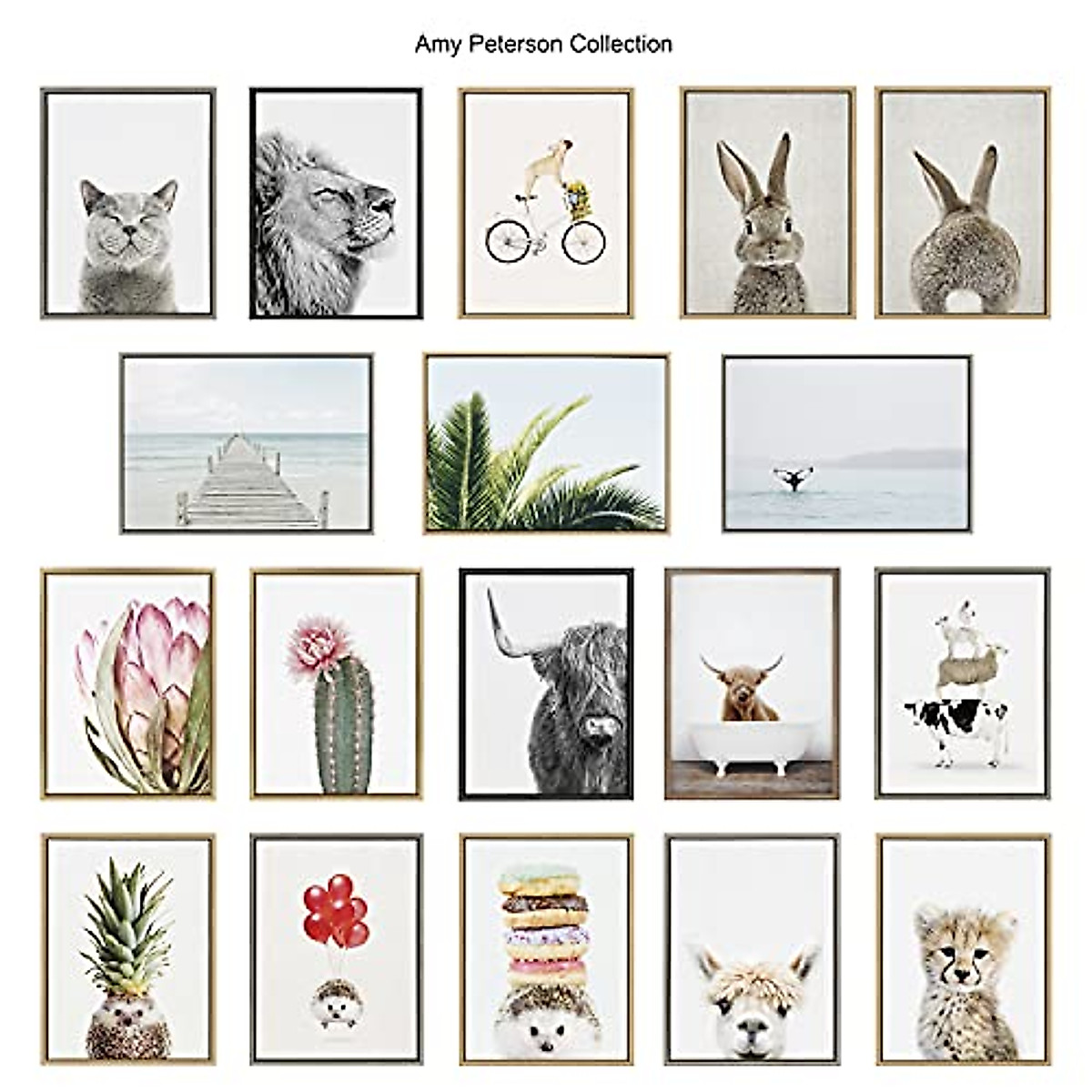 Kate and Laurel Sylvie Safari Animal Collection Framed Canvas Wall Art by Amy Peterson Art Studio, Set of 6, 13x13 Natural, Decorative Animal Art for Wall