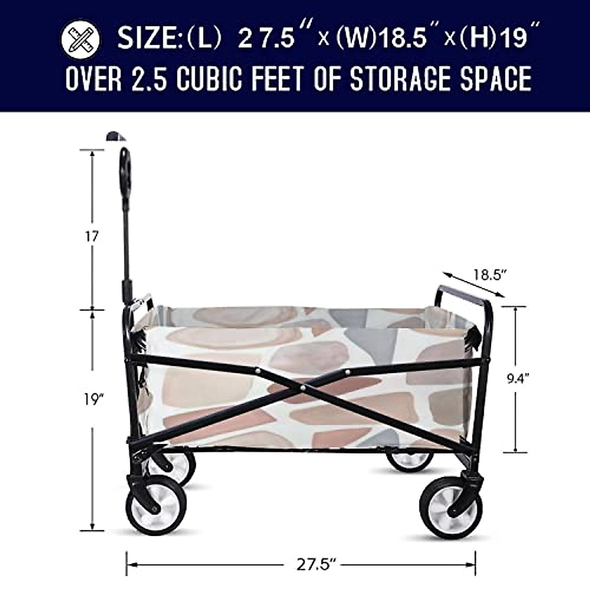 Collapsible Wagon Cart Abstract Nordic Print with Geometric Shapes on White Watercolor Foldable Utility Wagon Large Capacity Garden Cart with Push Bar for Beach Camp Outdoor Shopping