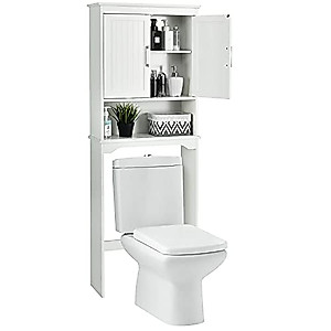 BestComfort Over The Toilet Storage Cabinet, Bathroom Space Saver with Adjustable Inside Shelf and Open Bottom Shelf, Toilet Rack Organizer with Double Doors (25inchx 9inchx 66inch), White