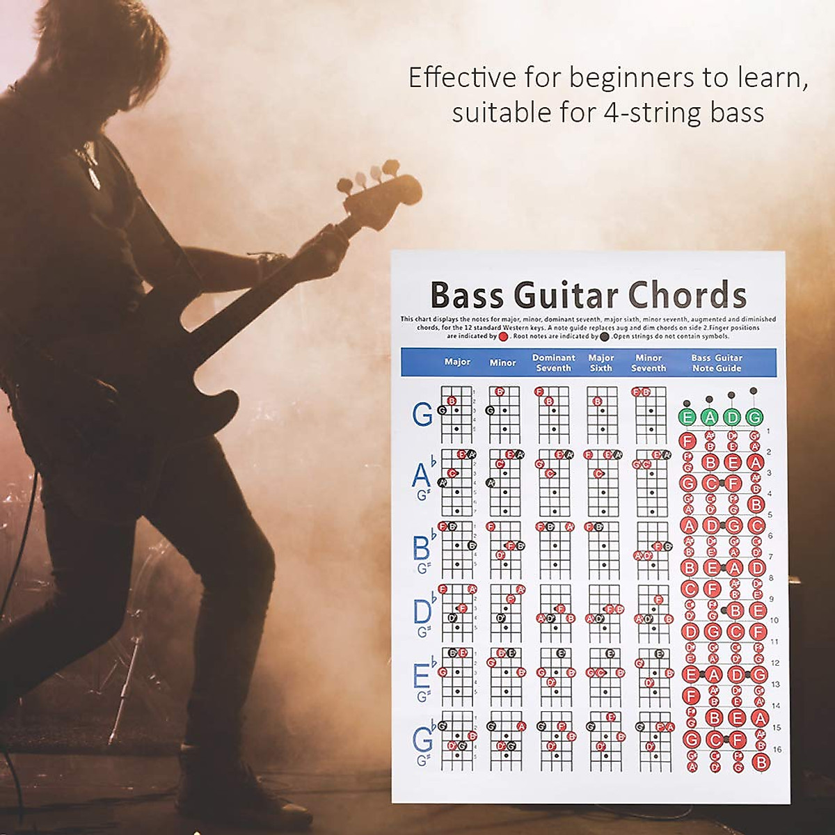 Bass Guitar Chords Chart, 4-String Bass Note Chart of Scale Chords for Beginners and Teachers Wear-Resistant Bass Reference Poster Bass Guitar Chords Poster