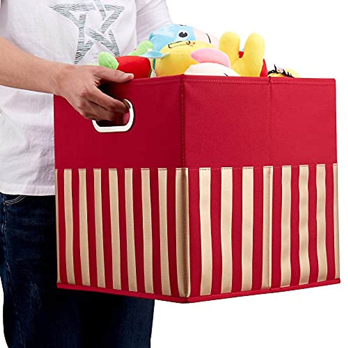 HSDT Fabric Storage Cube Bins 13x13x13 Inch Foldable Boxes Red Cloth Basket with Golden Strip Pattern for Shelves or Closet Organzier,QY-SC33-3