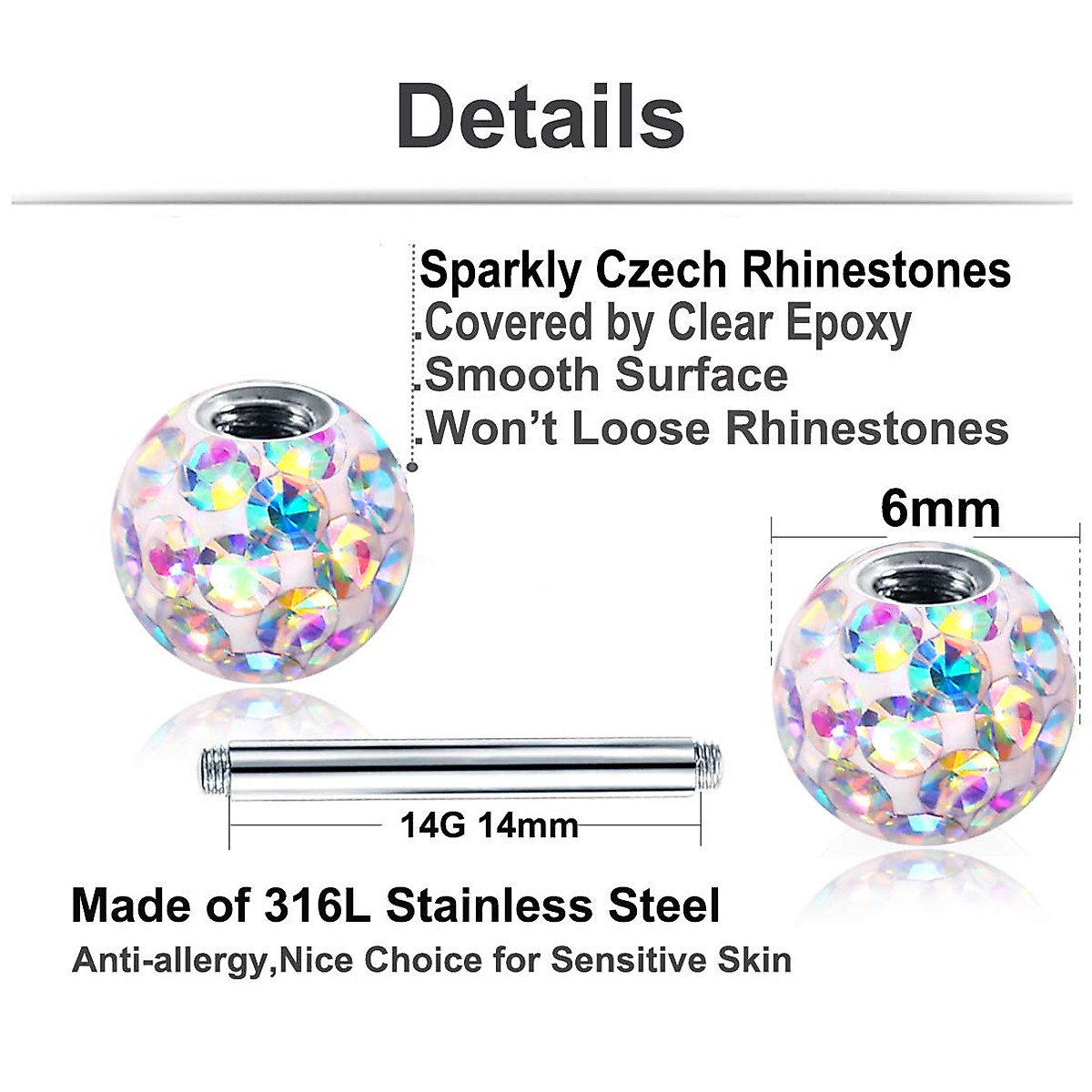 ZHIYAOR Never Fall out Crystal 14G Studs Nipple Rings Piercing Barbell Anti-allergy Surgical Steel Pairs (1pair AB,1pair White)