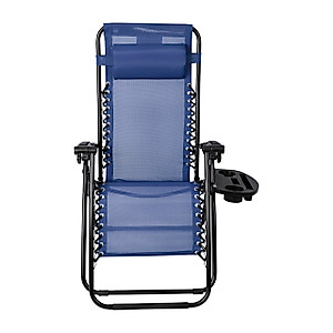 Merrick Lane Set of 2 Zero Gravity Lounge Chairs - Navy Mesh Upholstery - Removable Pillow - Removable Cup Holder Tray - Push Back Recline - Folding Design