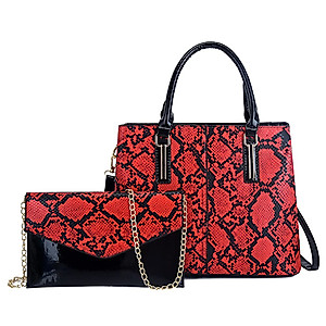 Women Handbag PU Leather Snake Print Handbag Set Chain Shoulder Bag Messenger Bag 2 Pcs Set-Red