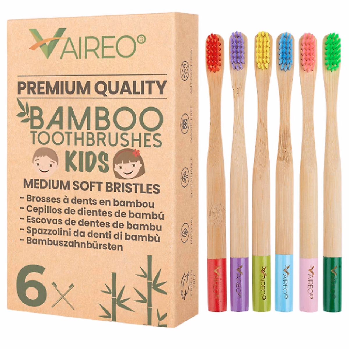 Vaireo Bamboo Toothbrushe - Soft Bristles Wooden toothbrushes - Organic Wooden Toothbrushes - 100% Natural, Eco-Friendly and Biodegradable (Kids Colourful 6 Pack)