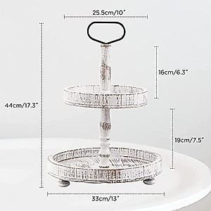 Farmhouse Two Tiered Wooden Tray Stand, UBTKEY 2 Tier Wood Round Decorative Tray with Metal Handle for Home Kitchen Seasonal Holiday Decorations, 17"x13" (Distressed White)