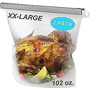 Silicone Food Storage Bag 102oz. XXL [Set of 2] Reusable Freezer Bags - Zero Waste Food and Container Lids Reusable Silicone Containers with Lid, Sous Vide, Extra Large Bags