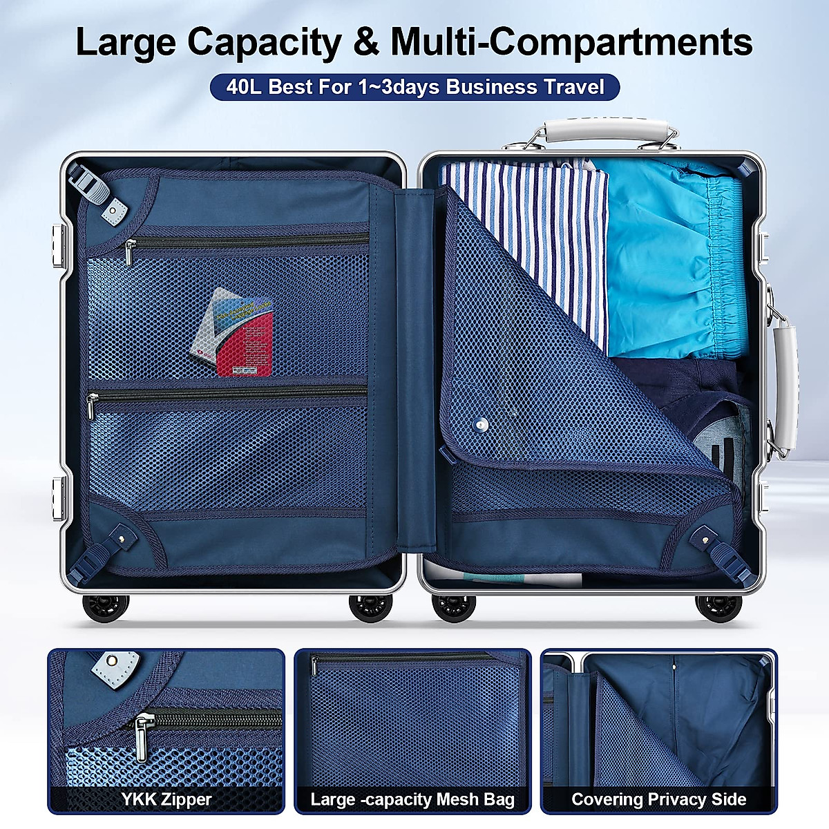 SOMODE LA SERIES Carry On Luggage 20inch Wide Handle Suitcase, Hardshell with Aluminum Frame, Supper-low noise Spinner Wheels & TSA Lock, Business Travel Carry-On Luggage (002-WHITE)