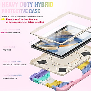 TSQQST Case for Samsung Galaxy Tab A8 10.5" 2022 for Kids Girls with Screen Protector Stand&Hand Strap | Rugged Protective Case for Samsung A8 Tablet SM-X200/X205/X207-Rainbow Pink