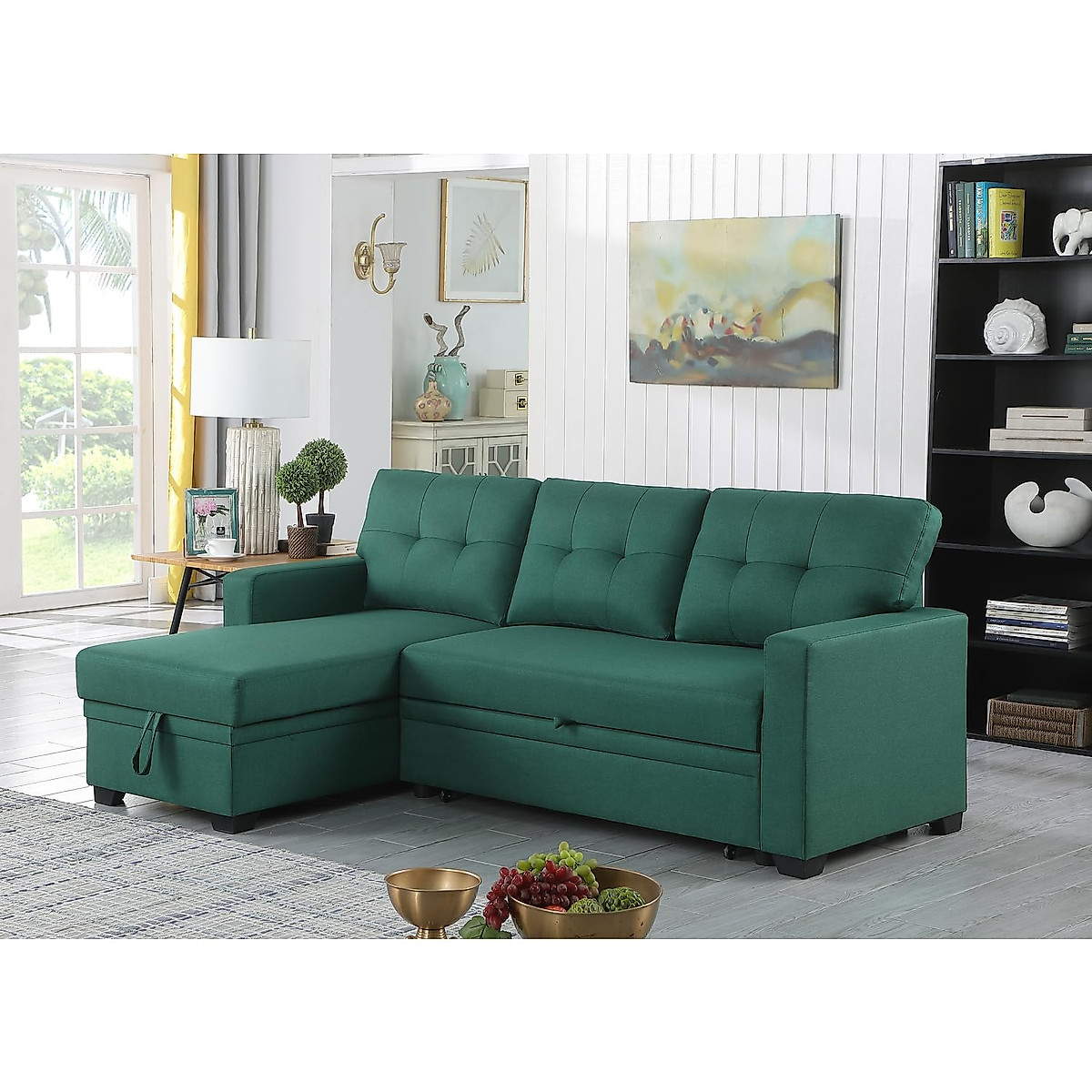 Devion Furniture L-Shaped Polyester Fabric Reversible, Easy Convertible Pull-Out Sleeper Sectional Sofa/Storage Chaise with Tufted Back Cushions and Track Arms in Green