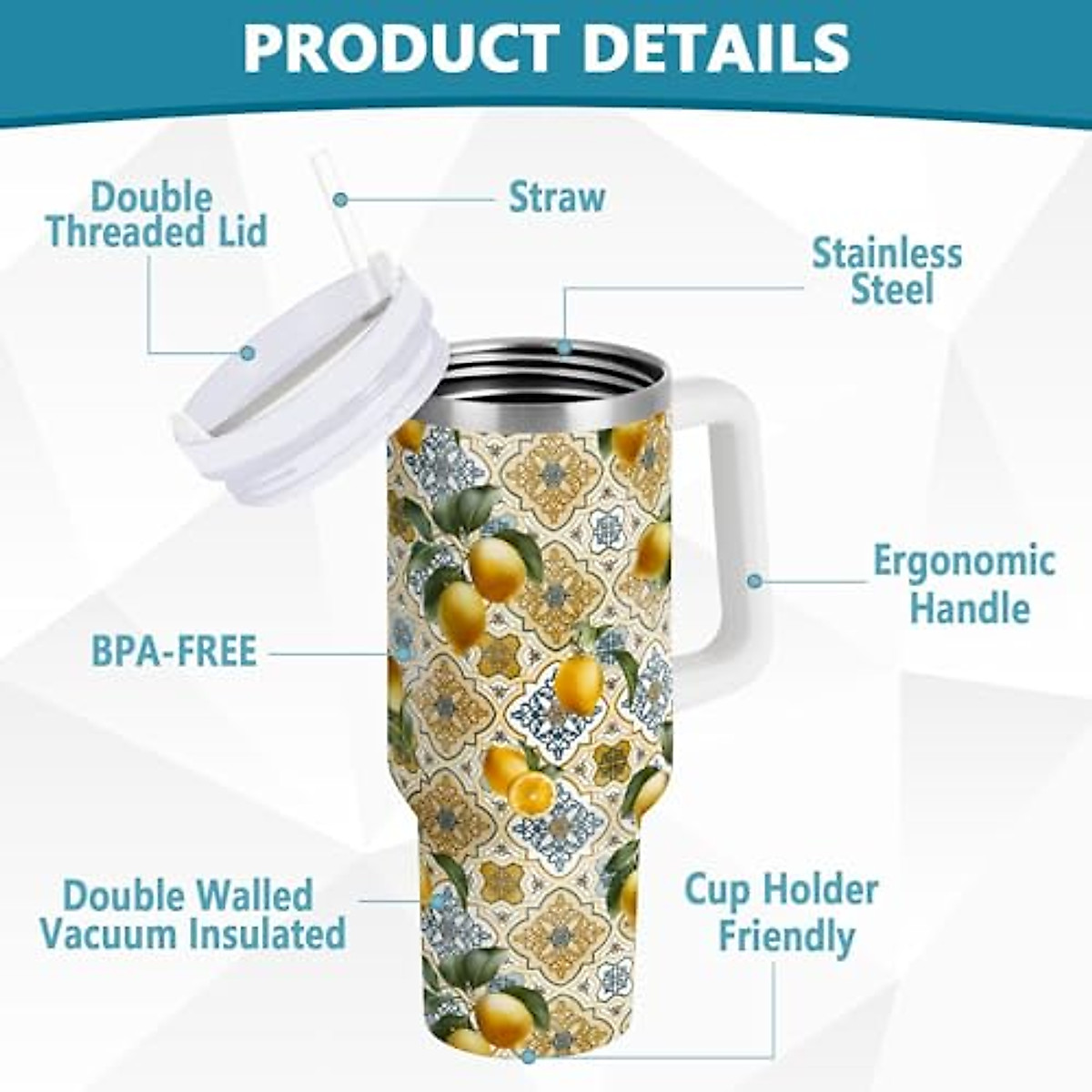 Wfrish Tumbler with Handle and Straw Lid,Vintage Lemons Leaves Patchwork 40 oz Insulated Coffee Cup Stainless Steel Fruit Water Bottle Travel Mug Cupholder Friendly,Gifts for Women Men
