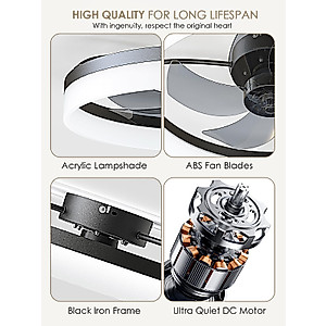 ERYAHRT Low Profile Ceiling Fan with Light Remote Control, Semi Flush Mount Ceiling Fans with 5 Invisible Blades, Dimmable Led Ceiling Fan Reversible Blades Timing, Black