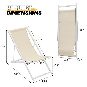 MoNiBloom Foldable Outdoor Adjustable Beach Patio Sling Chairs Portable Aluminum Frame Lounge Folding Chair Set of 2 (Beige)