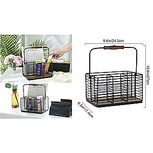 VANRA Utensil Holder Kitchen Condiment Organizer Utensil Caddy Storage Basket Organizer Metal Flatware Caddy with Wood Handle, Black