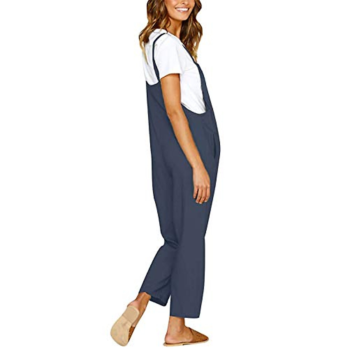 Sdeycui Women Casual Sleeveless Pockets Linen Rompers Long Pants Jumpsuits Pocket(Blue, XXL)