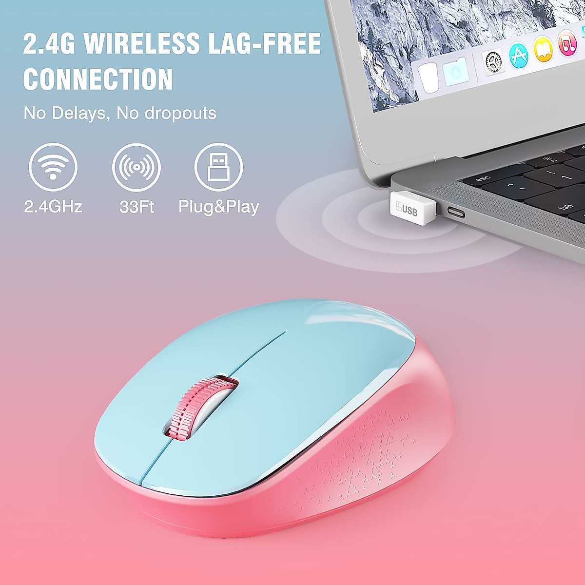 Trueque Wireless Mouse E702 2.4GHz Portable Computer Mouse with USB Receiver, Comfortable Silent Mice for Laptop, Chromebook, PC, Notebook, Desktop, Windows, Mac (Blue&Pink)