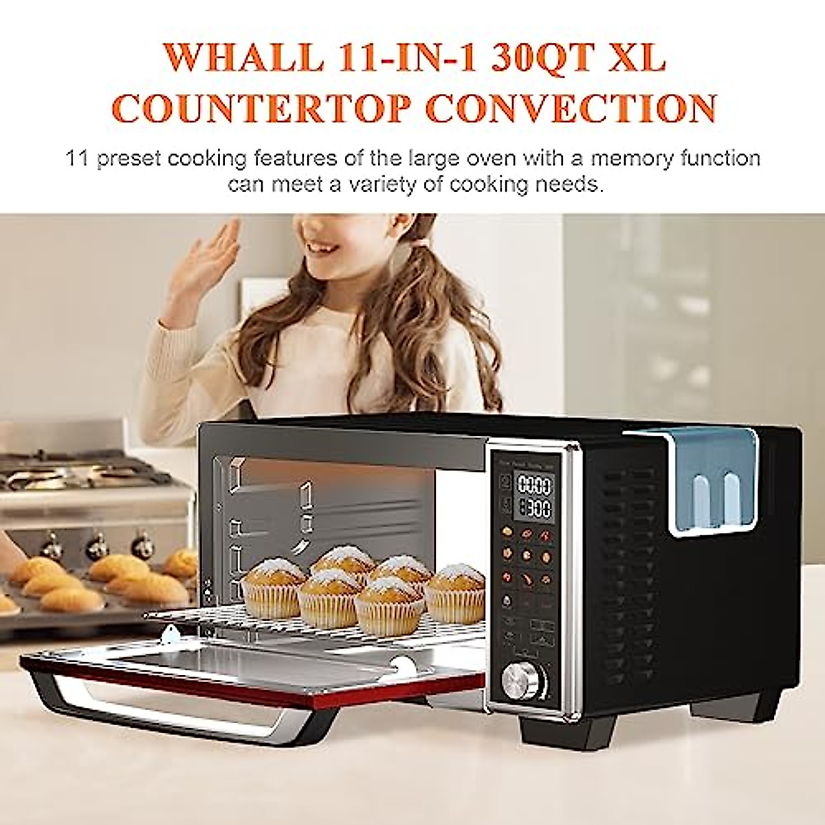 WHALL Toaster Oven Air Fryer, Max XL Large 30-Quart Smart Oven,11-in-1 Toaster Oven Countertop with Steam Function,12-inch Pizza,6 slices of Toast, 4 Accessories Included, Stainless Steel /1700W/R