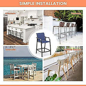 Pellebant Aluminum Outdoor Bar Stool Set of 2, Patio Counter Height Stools & Bar Chairs All-Weather for Backyard, Pool, Garden, Deck,Brown Frame, 27.5'' Seat Height,270 lb Capacity-Navy Blue