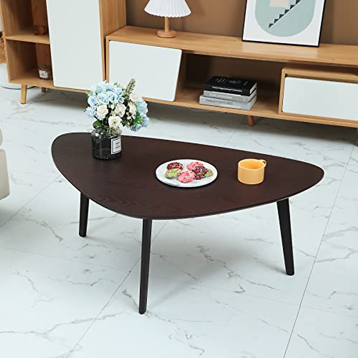 Small Coffee Table Modern Mid Century Coffee Tables Wooden Vintage Oval Chic for Living Room,Natural Wood Texture,Unique Triangle Tabletop,Oak Leg,Easy Assembly