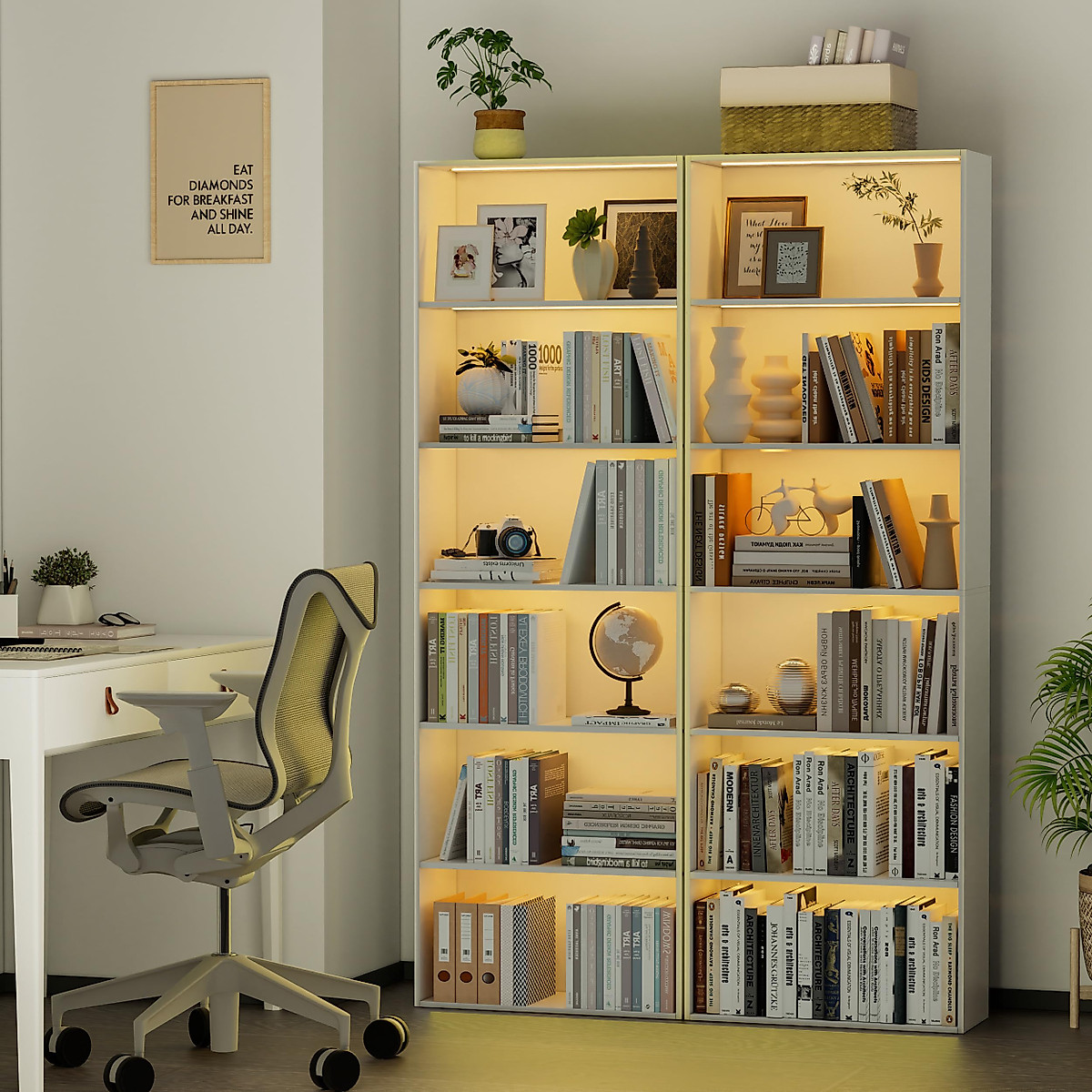 Homhedy 6 Tier Bookcase with LED Lights, 71" H Tall Open Bookshelf, Wooden Display Storage Shelves for Home Office, Living Room, Bed Room,Size:23.6" W x 71.2" H x 9.4" D, White