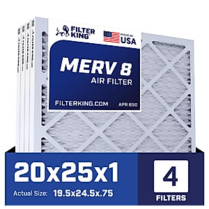 Filter King 20x25x1 Air Filter | 4-PACK | MERV 8 HVAC Pleated A/C Furnace Filters | MADE IN USA | Actual Size: 19.5 x 24.5 x .75"