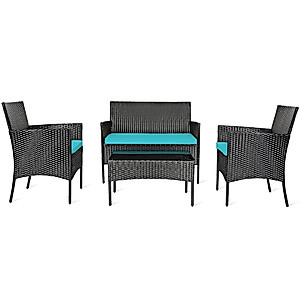 4 PCS Patio Furniture Set Rattan Sofa & Chairs Set Turquoise
