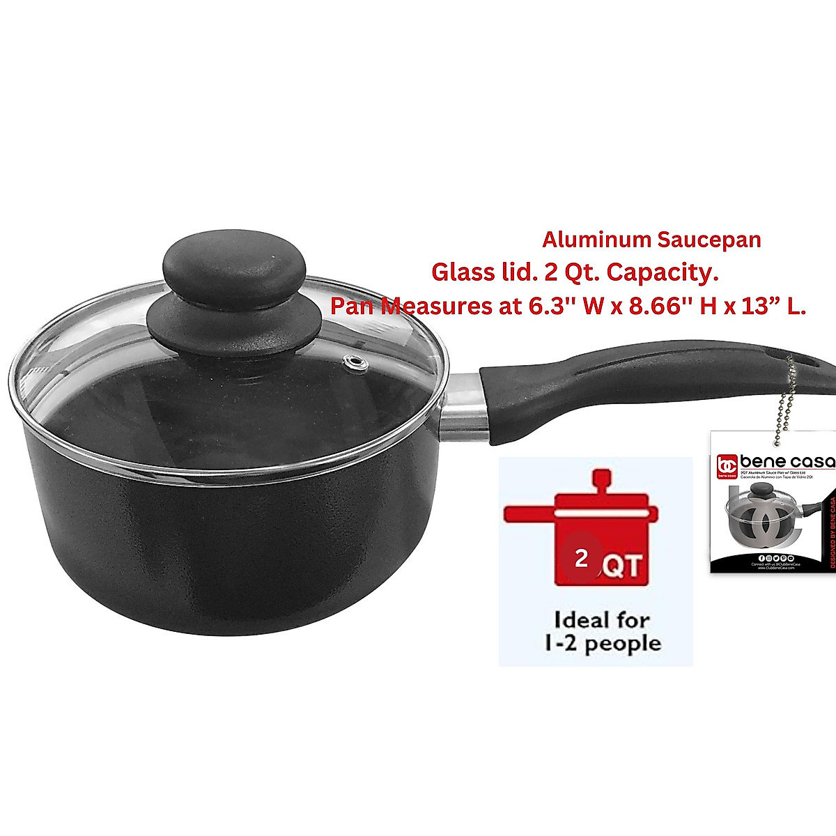 Bene Casa - Non-Stick Aluminum Saucepan with Lid - 2 Qt. Capacity - Oven and Dishwasher Safe - Cool Touch Handle