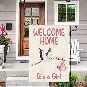 DLZDN Welcome Home Baby Girl Garden Flag Baby Shower Garden Flag 12×18 Inch Double Sided Burlap Flag Newborn Gender Reveal Lawn Yard Sign Stork Outdoor Decoration