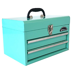 Apollo Tools 14 Inch Steel Tool Box with Deep Top Compartment and 2 Drawers in Heavy-Duty Steel With Ball Bearing Opening and Powder Coated Finish - Aqua Green - DT5010-GR