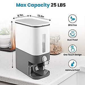 Rice Dispenser , Rice Storage Container comes with 2 Measuring Cup and Cleaning Brush , Rice Container 25 Pounds , BPA-Free Rice Storage , Grain Dispenser Kitchen , Dry Food Dispenser Grey