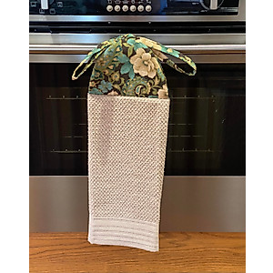 Set of 2 - Teal and Cream Flowers Floral Paisley with Gold on Brown Reversible Ties On Stays Put Tan Kitchen Bathroom Hanging Loop Hand Dish Towels