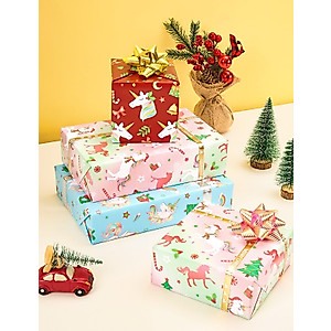 WERNNSAI Christmas Wrapping Paper - 3 Rolls 17” x 120” Christmas Unicorn Wrapping Paper Rolls Christmas Gift Wrap Paper Girls Birthday Wrapping Paper Holiday Wrapping Paper Unicorn Gift Wrap Paper