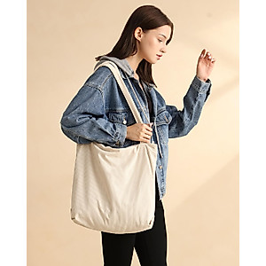 Iioscre Corduroy Tote Bag for Women,Hobo HandBags with Zipper,Large Capacity Casual Shoulder Handbags with Inner Pockets