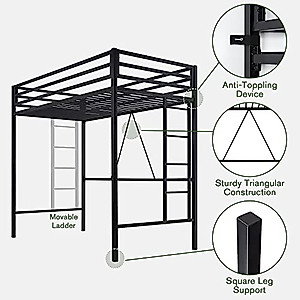 IMUsee Loft Bed Frame for Juniors&Adults, Metal Loft Bed Twin Size with Safety Guardrail&Removable Ladder, Space-Saving, Noise Free, Matte Black