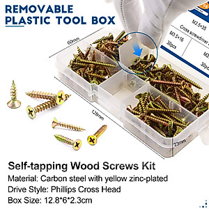 NINDEJIN Flat Head Wood Screws Assortment Kit, Phillips Drive Self Tapping Screws, M3.5 Small Wood Screws, Finish with Yellow Zinc Plated, 151 pcs Self-Tapping Screws Set with 1pcs Phillips Screw Bit