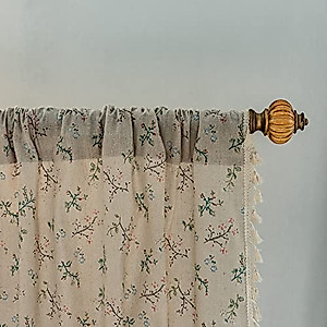 Floral Farmhouse Curtains Closet Semi-Blackout Living Room Drapes 63 Inch Length Cotton Linen Blend Short Bohemian Window Curtain Panels with Tassel Beige Rod Pocket Bedroom Drapes, 1 Panel